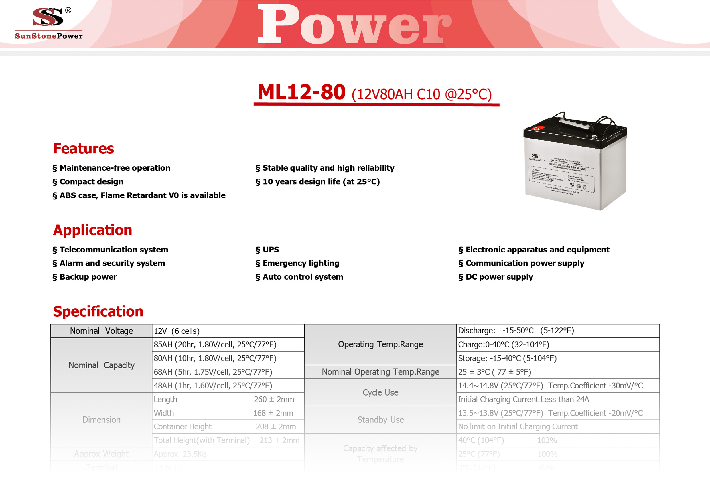 Data Sheet - Sunstone Lead Acid AGM Battery ML Series | SUNSTONE POWER