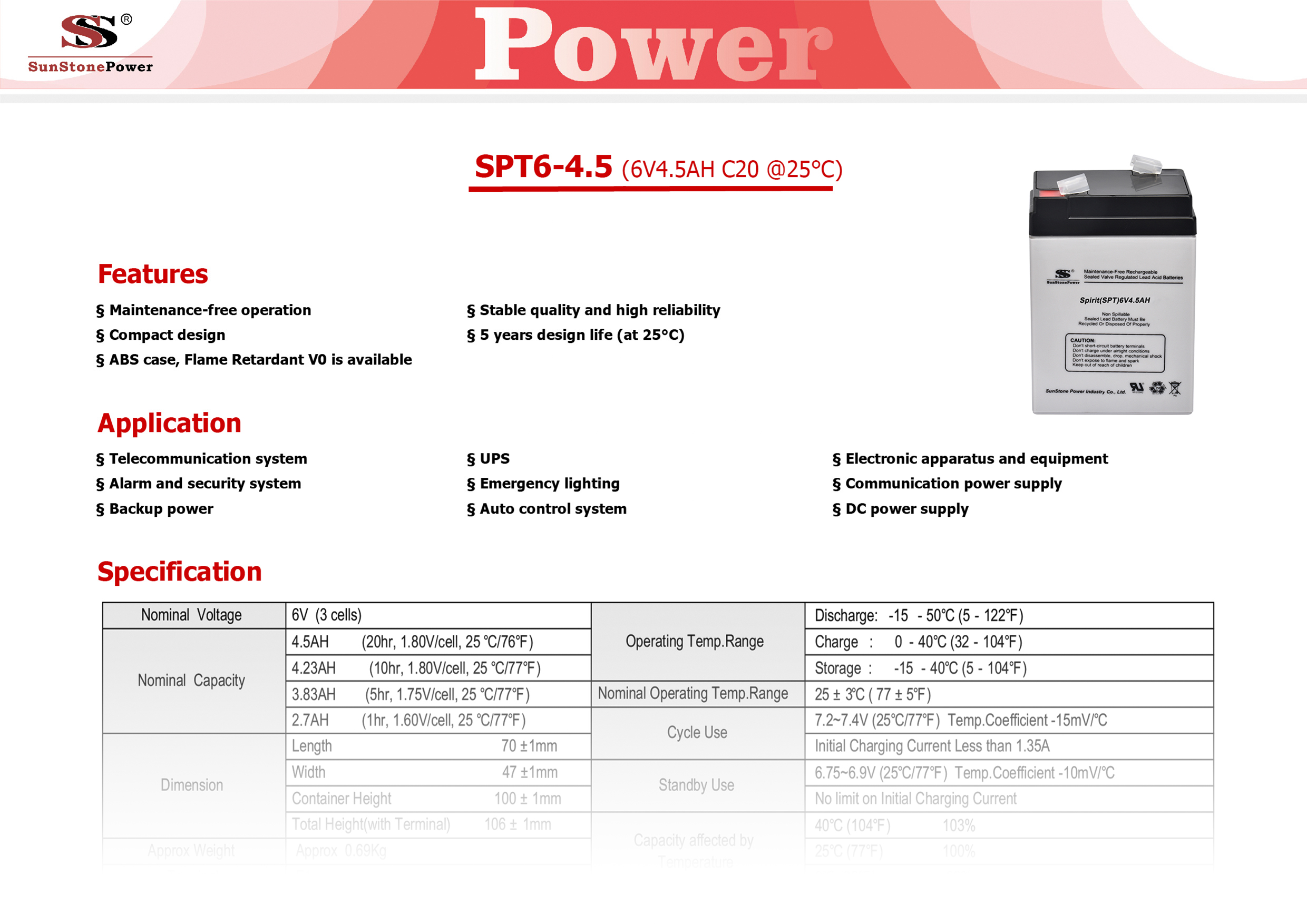Data Sheet - Sunstone Power SPT Series Rechargeable AGM Battery ...